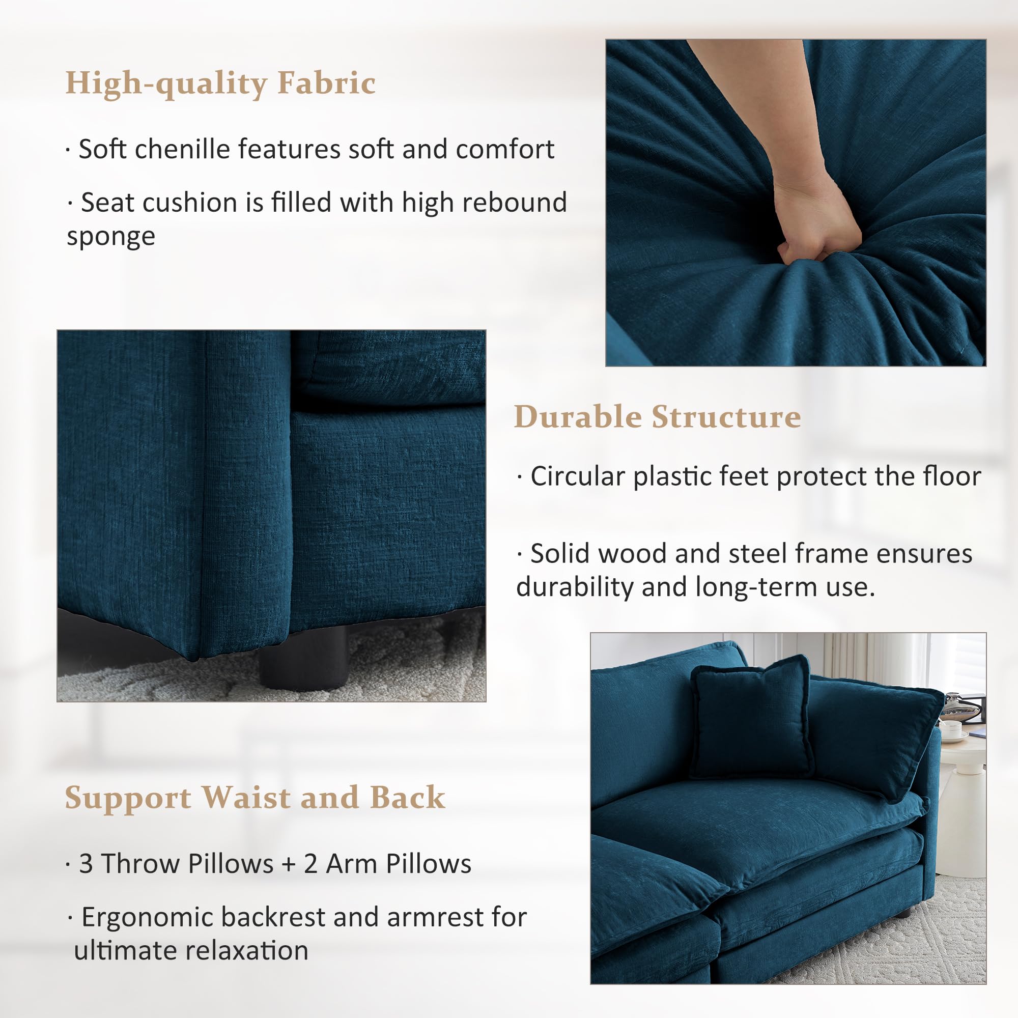 Suheww 111.5" Oversized U-Shaped Modular Sectional Sofa Couch for Living Room, Modern Soft Chenille Large Cloud Couch, Comfy Deep Seat with Chaise & Movable Ottoman (Blue, U-Shaped 3 Seat)