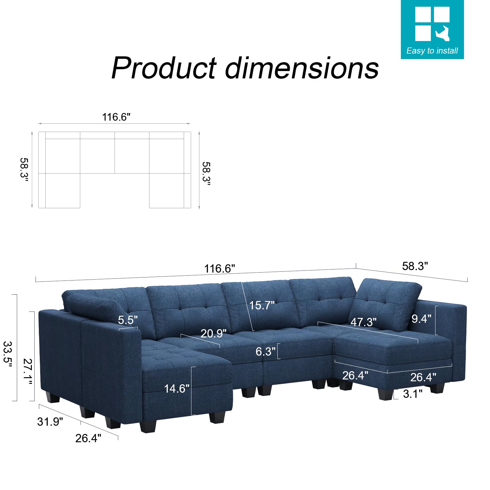 Belffin Modular U Shaped Sectional Sofa Couch with Reversible Chaises 6-seat Sectional Couch with Storage Seat Modular Sectional Set with Ottomans Blue