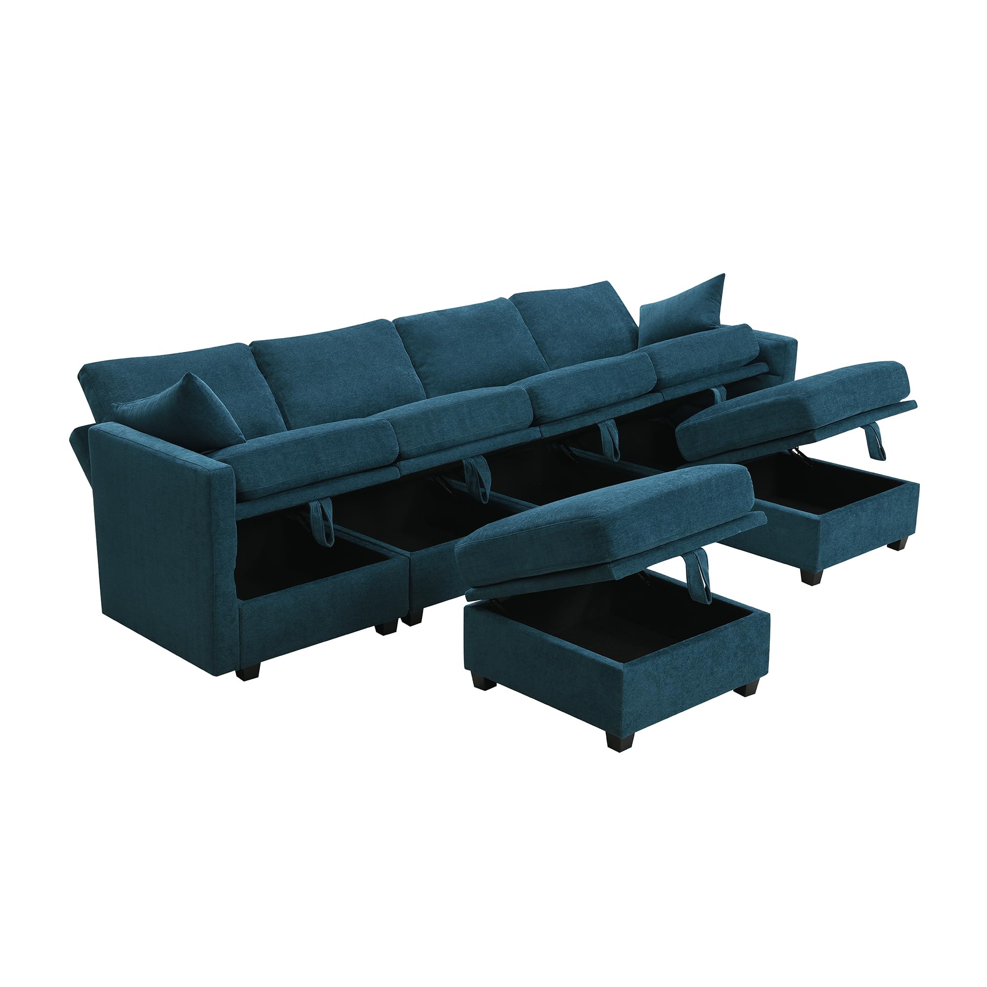 Hlcodca Chenille Modular Sectional U Shaped Couch with Adjustable Armrests and Backrests, 6 Seat Reversible Sofa Bed with Storage Seats, for Living Room, Apartment, 2 Colors(Blue-U)