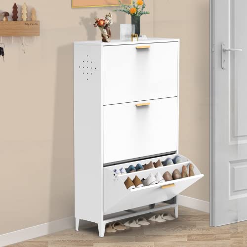 Wekity 3 Drawer All Steel Shoe Cabinet, Freestanding Shoe Rack Storage Organizer with Flip Door, Modern Tipping Bucket Shoe Cabinet for Entryway, Hallway, Bedroom (White)