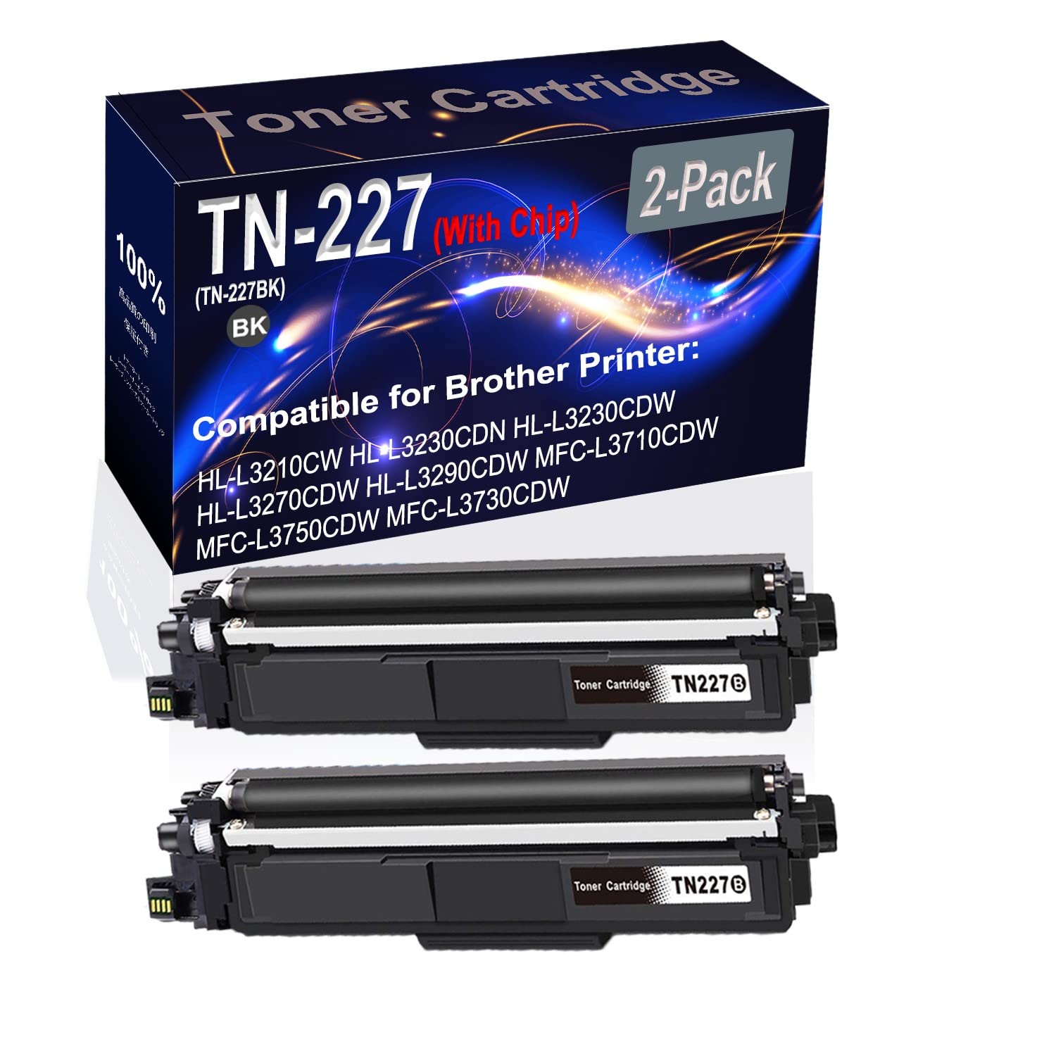 Kolasels (with Chip) 2-Pack (Black) Compatible High Yield TN227 TN-227 (TN-227BK) Printer Toner Cartridge use for HL-L3210CW L3230CDW L3270CDW Printers