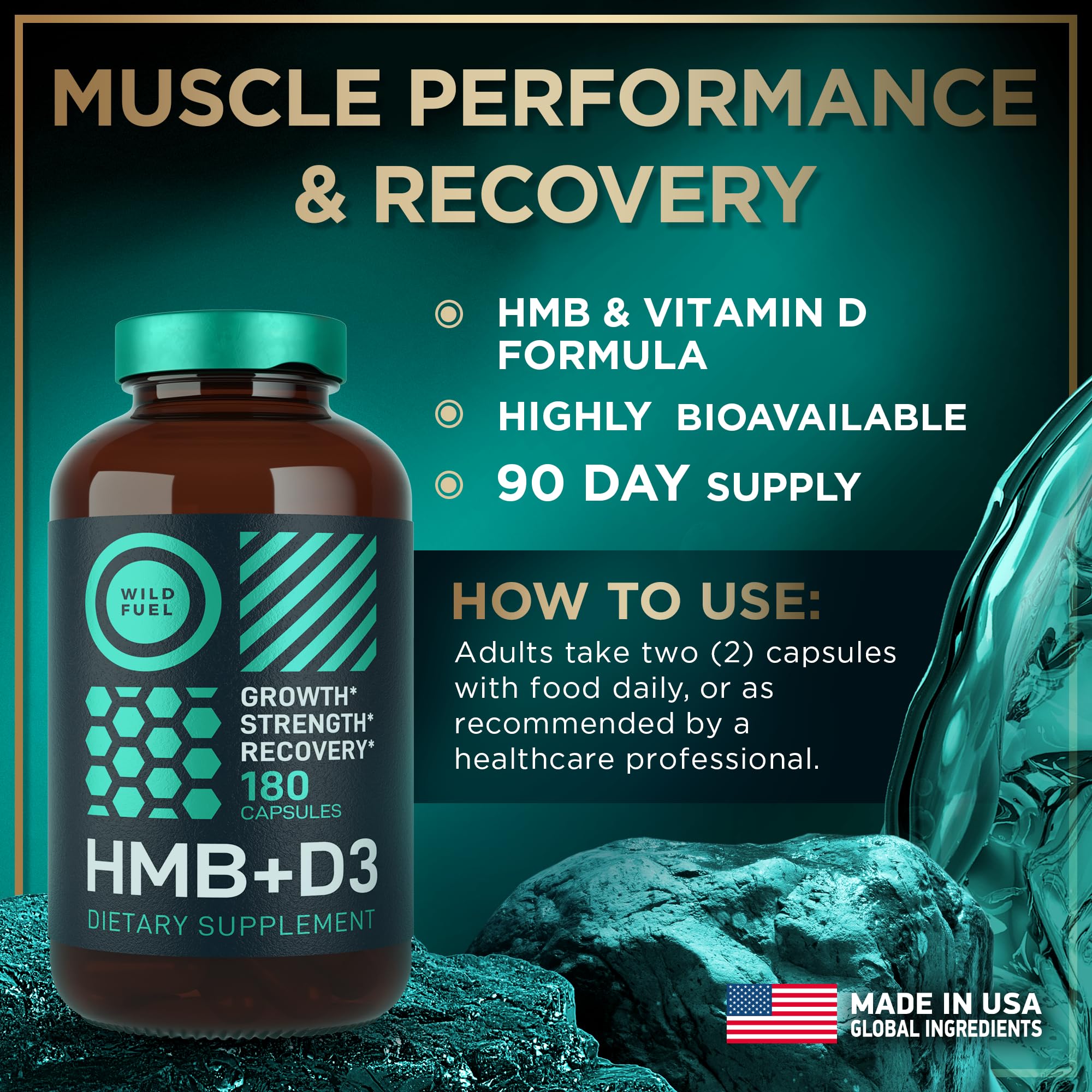HMB Supplements for Men & Women with Vitamin D3 - 3-Months Supply, 1,000 MG Calcium beta-Hydroxy beta-methylbutyrate per Serving for Muscle Growth, Strenghth and Fast Workout Recovery - 180 Capsules