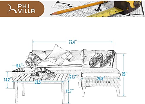 PHI VILLA 3-Piece Outdoor Rattan Sectional Sofa Set with Acacia Wood Coffee Table Patio Wicker Furniture Set with Cushions Conversation Set, Navy Blue