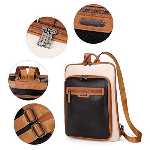CLUCI Leather Laptop Backpack for Women 15.6 inch Computer Backpack Travel Business Work Large Daypack Off-white with brown and black