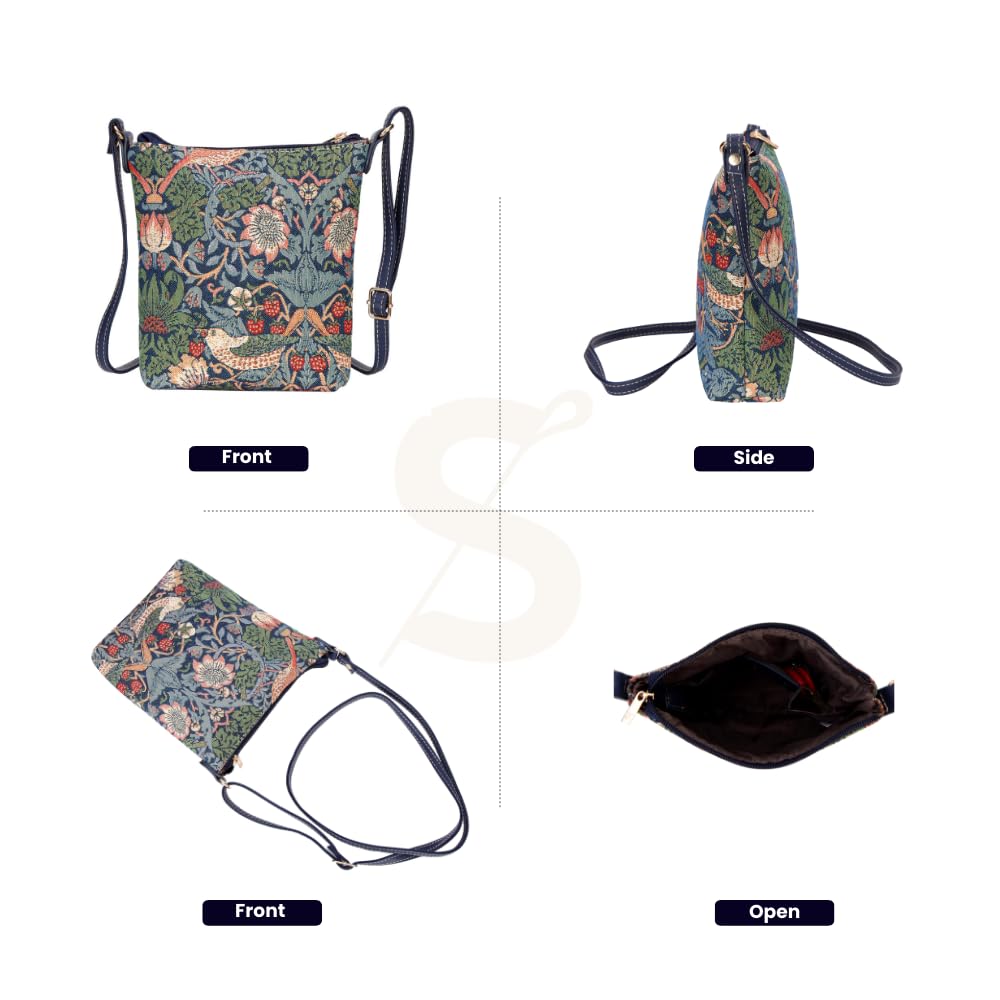 Signare Tapestry Small Crossbody Bag Sling Bag for Women with Flower and Bird William Morris Strawberry Thief Blue Design (SLING -STBL)