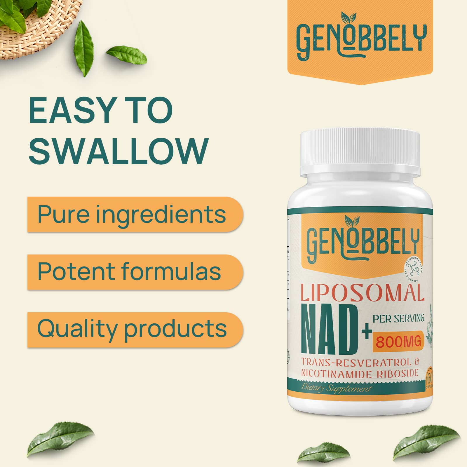 GENOBBELY 800 mg Liposomal NAD+ Supplement with Nicotinamide Riboside 200 mg, Trans-Resveratrol 100 mg - True NAD Supplement for DNA Repair, Healthy Aging, Brain Function - 120-Day Supply.