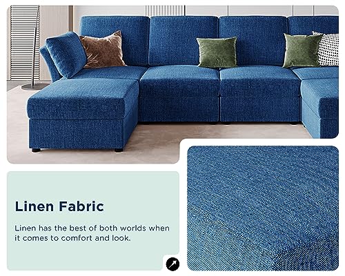 VanAcc Modular Sectional Sofa, Sectional Couch, 9 Seats Sofa- U Shaped sectional with Ottomans, Reversible Sofa Couch for Living Room, Blue Linen