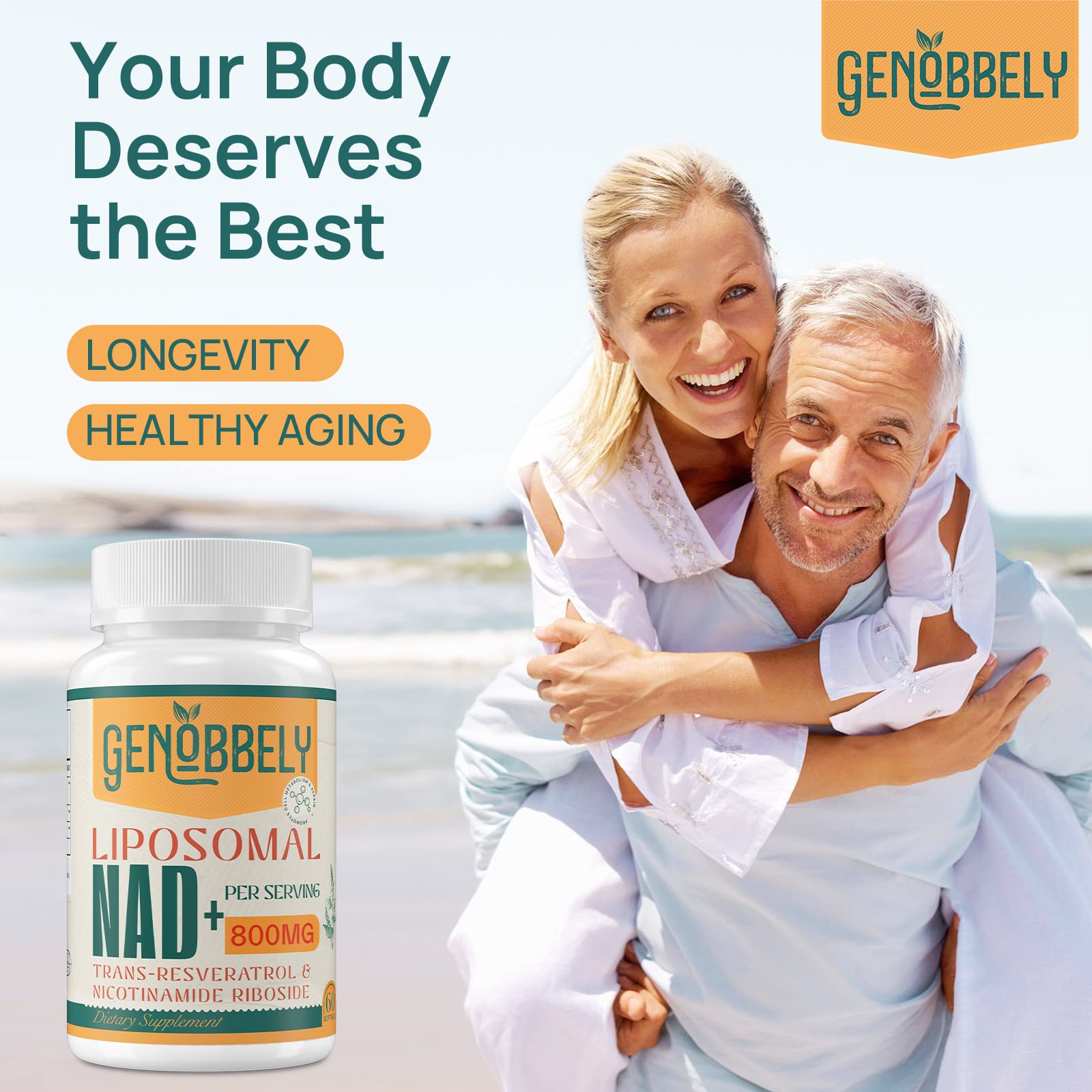 GENOBBELY 800 mg Liposomal NAD+ Supplement with Nicotinamide Riboside 200 mg, Trans-Resveratrol 100 mg - True NAD Supplement for DNA Repair, Healthy Aging, Brain Function - 120-Day Supply.