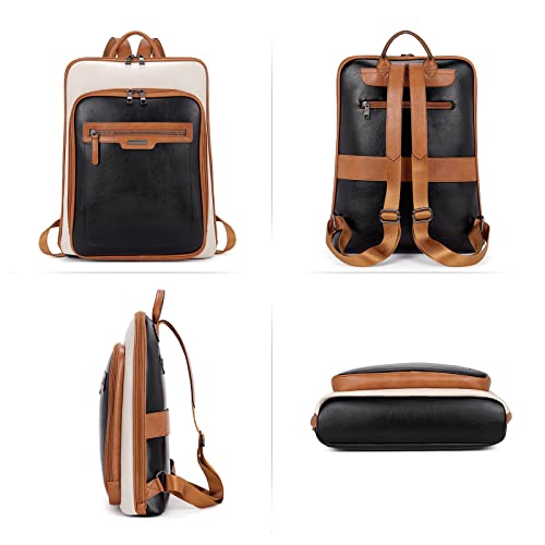 CLUCI Leather Laptop Backpack for Women 15.6 inch Computer Backpack Travel Business Work Large Daypack Off-white with brown and black
