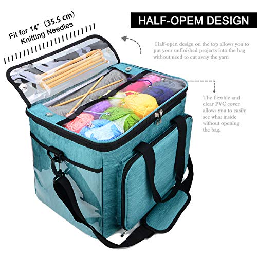 Hoshin Knitting Bag for Yarn Storage, High Capacity Yarn Totes Organizer with Inner Divider Portable for Carrying Project, Knitting Needles(up to 14β), Crochet Hooks, Skeins of Yarn (Green)
