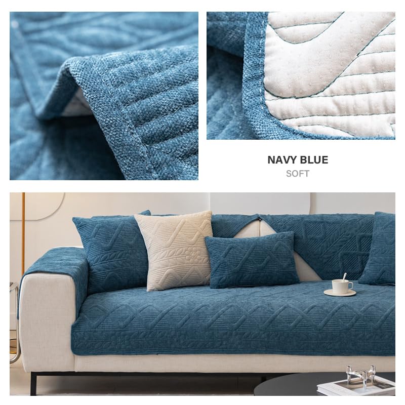 KCCRHIN Solid Color Sofa Cover 3 Cushion Chenille Couch Cover Sectional Thickened Non-Slip Sofa Slipcovers Modern Style Sofa Cushion Covers L/U Shape for Dogs Washable,Blue,90 * 160cm/35.4 * 63in
