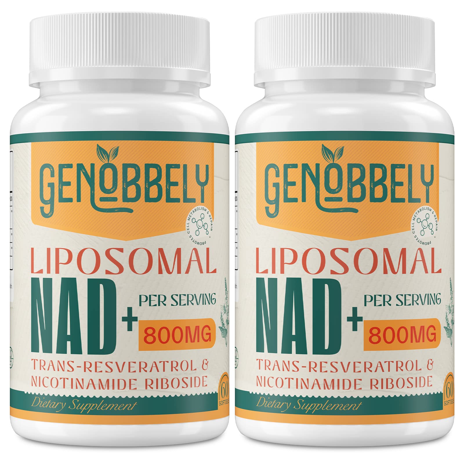 GENOBBELY 800 mg Liposomal NAD+ Supplement with Nicotinamide Riboside 200 mg, Trans-Resveratrol 100 mg - True NAD Supplement for DNA Repair, Healthy Aging, Brain Function - 120-Day Supply.