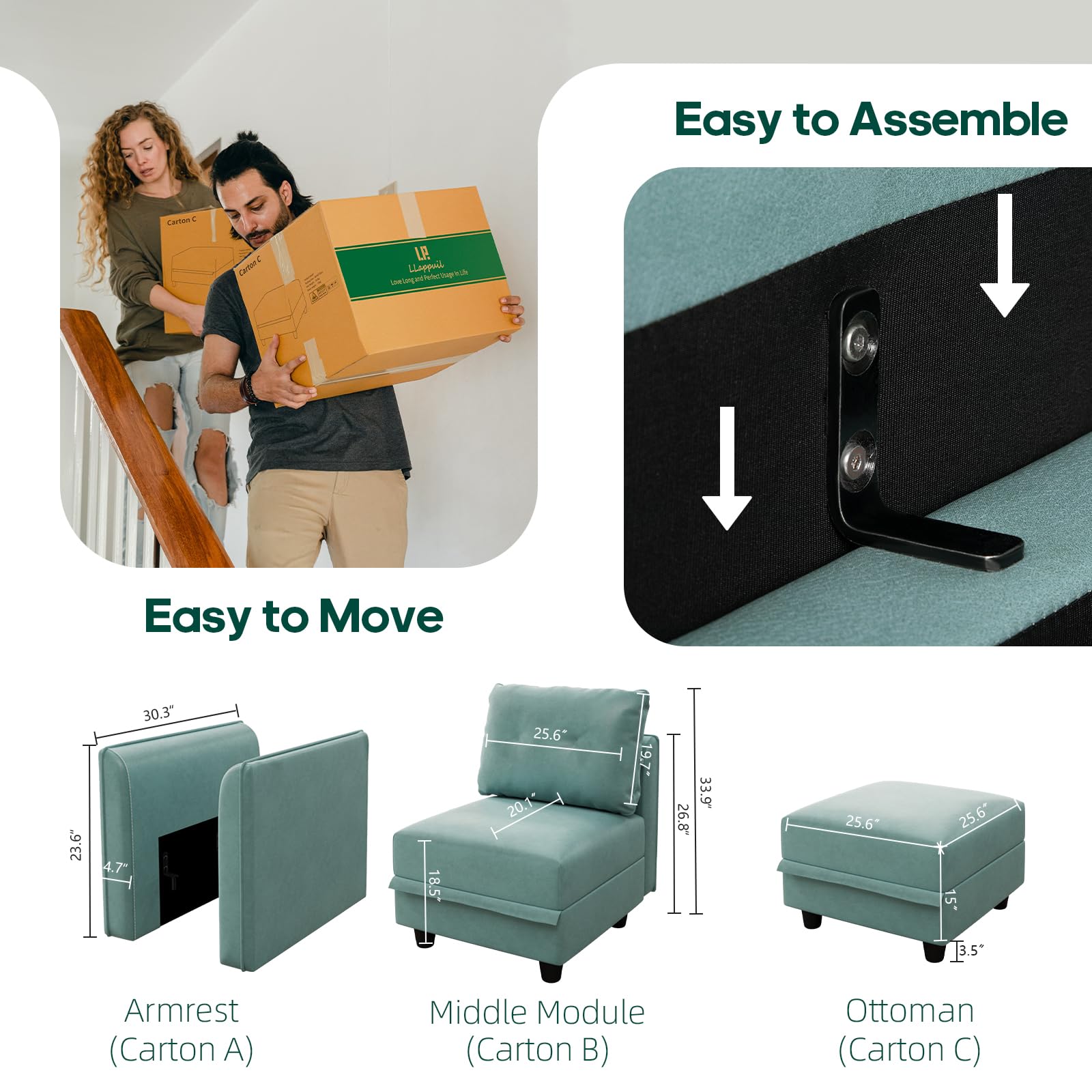 LLappuil Modular Sectional Sofa Faux Leather Fabric Convertible U Shaped Sofa 7 Seater Couch with Storage, Oversized Reversible 112 Inch Sectional Couches for Living Room, Office, Aqua Blue