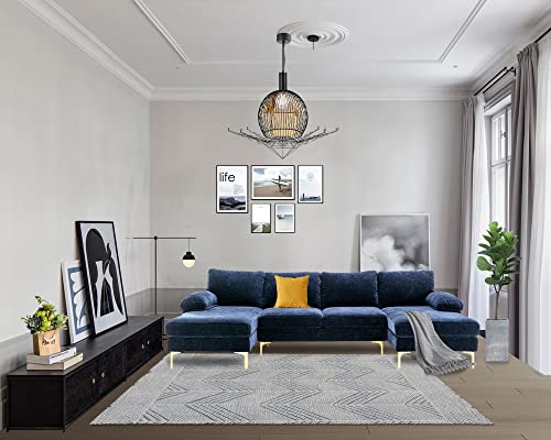 RXRRXY Accent U Shaped Sectional Sofa Couch Set with Two Pillows, Double Addition Wide Chaise Lounge Couch with Metal Legs for Living Room and Apartment (Navy)
