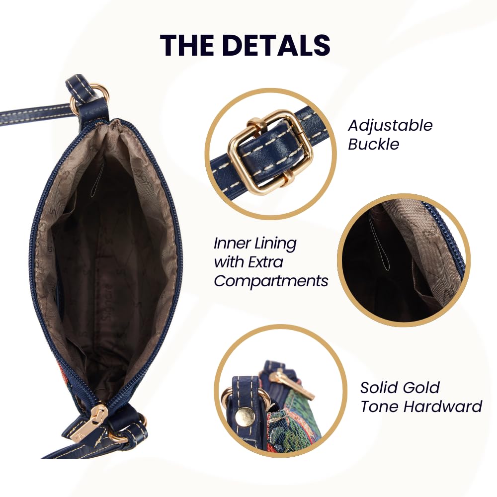 Signare Tapestry Small Crossbody Bag Sling Bag for Women with Flower and Bird William Morris Strawberry Thief Blue Design (SLING -STBL)