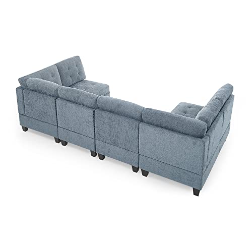 RXRRXY 116'' U Shaped Modular Sectionals Sofa, Chenille Futon Couch for Living Room, Large Sectional Sleeper Sofa with Storage Space, 4 Single Chair and 2 Corner (Navy, U Shaped)