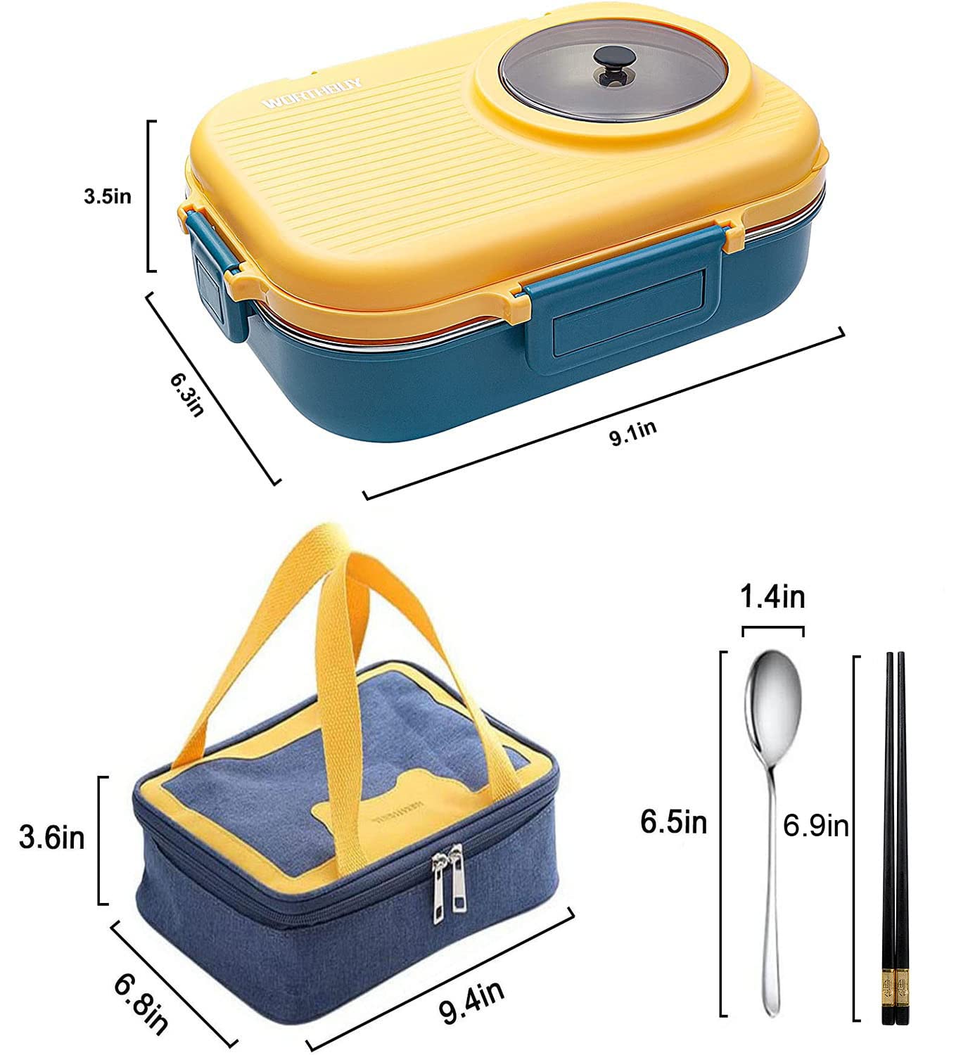 LANSKYWARE Stainless Steel Bento Box with Insulated Lunch Bag, 900 ml Lunch Box & 200 ml Soup Bowl, Blue & Yellow