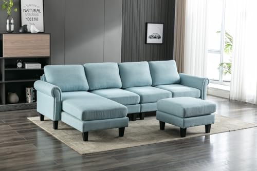 i-POOK 108" U-Shaped Sectional Couch, 6-Seat Linen Modular Couch with Chaise Lounge and Removable Cover, Modern Corner Couch with Ottoman for Living Room, Light Blue