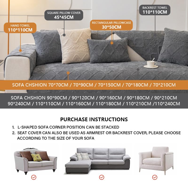 KCCRHIN Solid Color Sofa Cover 3 Cushion Chenille Couch Cover Sectional Thickened Non-Slip Sofa Slipcovers Modern Style Sofa Cushion Covers L/U Shape for Dogs Washable,Blue,70 * 70cm/27.6 * 27.6in