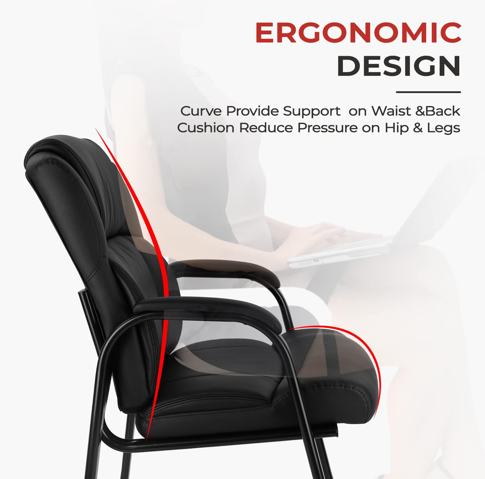CLATINA Office Guest Chair Leather Reception Chair with Bonded Padded Arm Rest and Sled Base Desk Chair No Wheels for Reception Conference Waiting Room Side Office Home Black