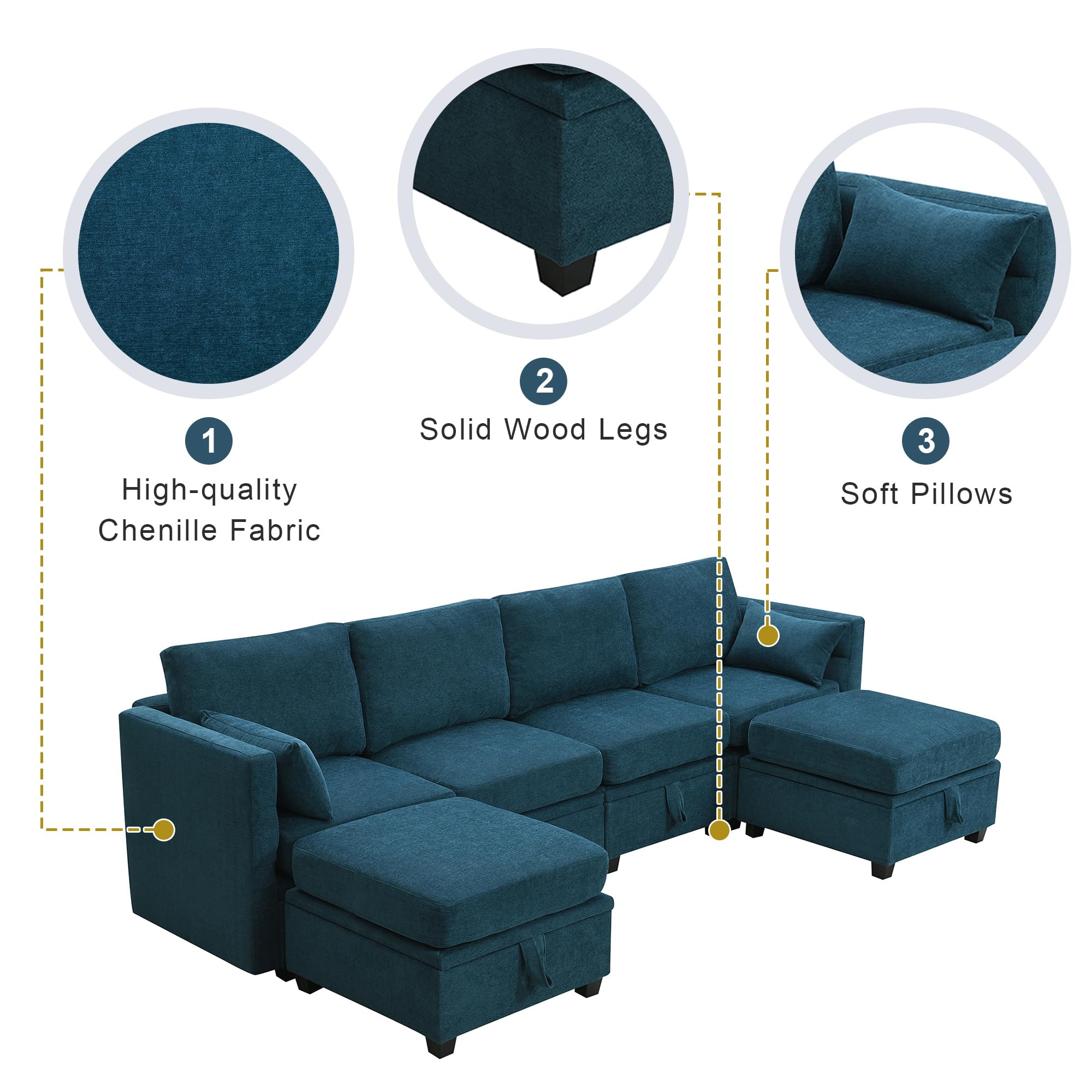 Hlcodca Chenille Modular Sectional U Shaped Couch with Adjustable Armrests and Backrests, 6 Seat Reversible Sofa Bed with Storage Seats, for Living Room, Apartment, 2 Colors(Blue-U)