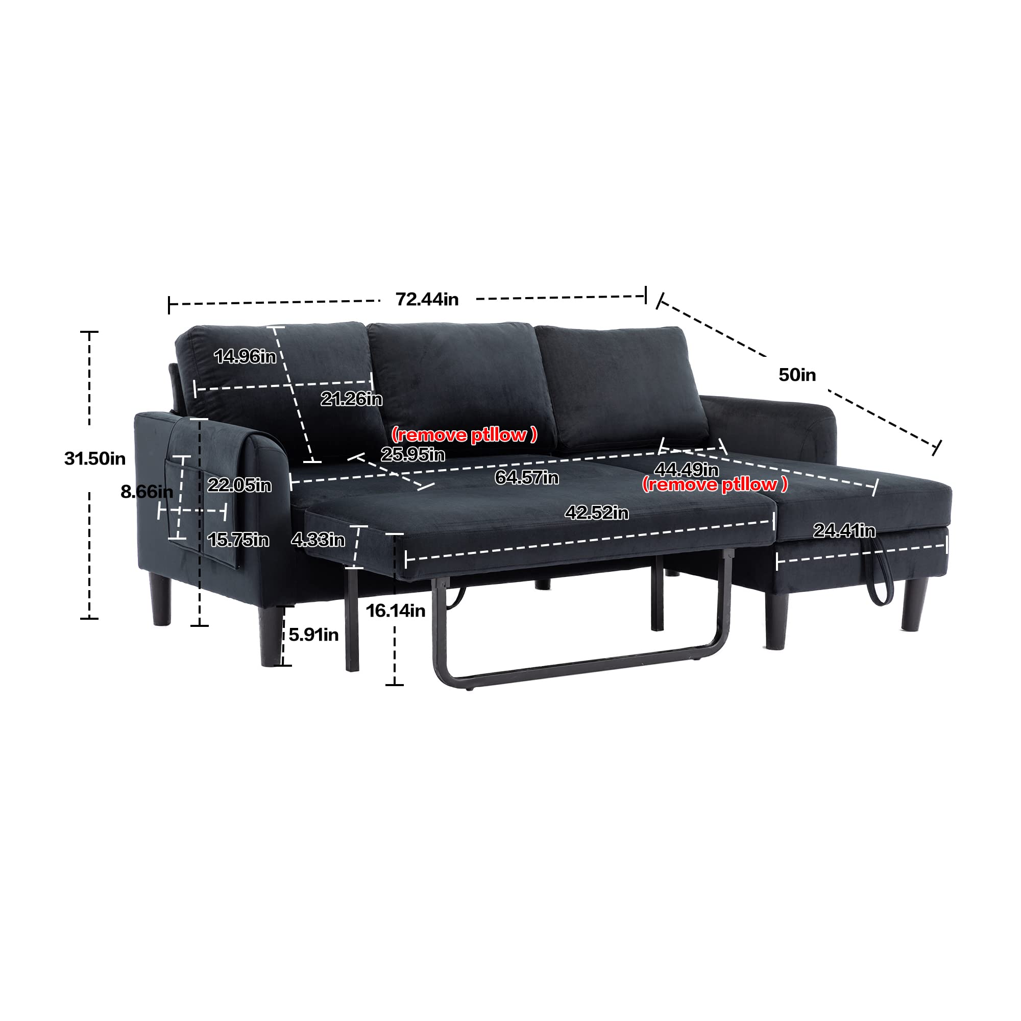 PEIHONGET Sleeper Sectional Sofa, 72.44" Velvet L-Shape 3 Seat with Pull Out Bed, Sectional Sofa Couch with Storage Chaise Living Room Bedroom Apartment(Black)
