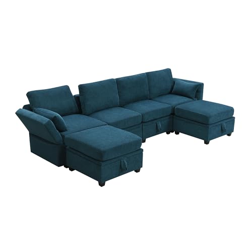 109" Chenille Modular Sectional Sofa Set, U-Shaped Sofa Couch with Adjustable Armrests and Backrests, 6 Seat Reversible Sofa Bed with Storage Seats for Living Room/Apartment, Blue