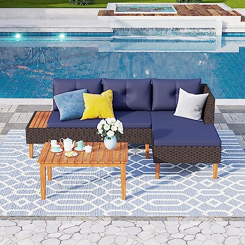 PHI VILLA 3-Piece Outdoor Rattan Sectional Sofa Set with Acacia Wood Coffee Table Patio Wicker Furniture Set with Cushions Conversation Set, Navy Blue