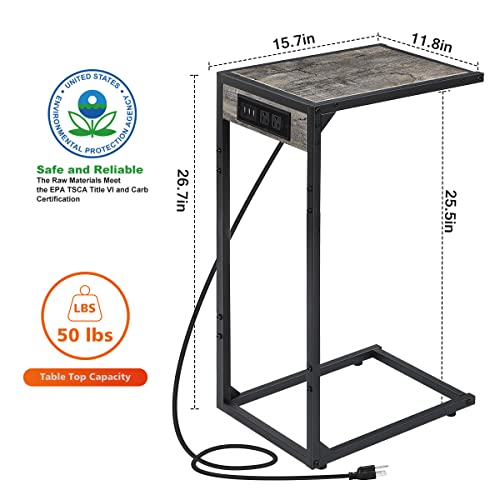 Set of 2 C Shaped End Table with Charging Station, Snack Side Table with Table with USB Ports & Power Outlets, C Tables for Couch, Couch Tables That Slide Under, for Living Room, Bedroom, Gray