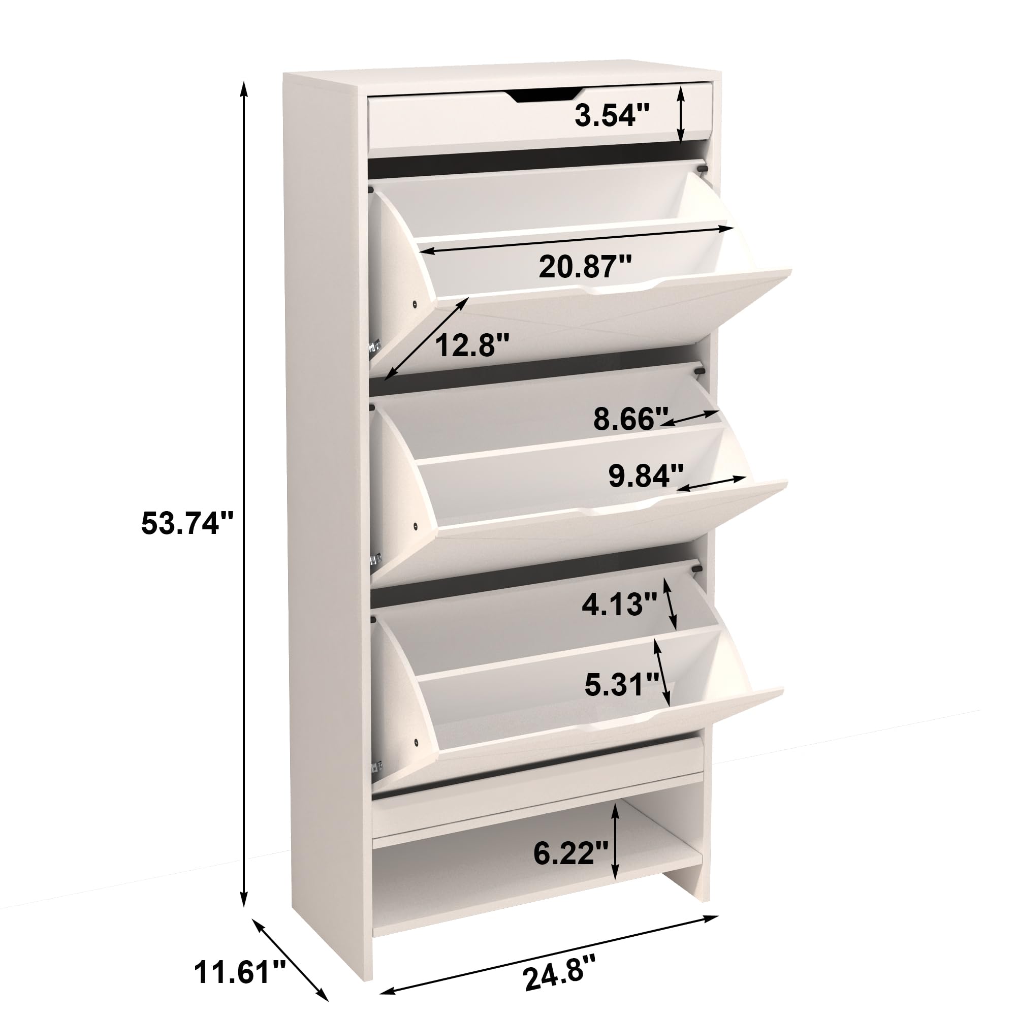 HESIEU Modern Wooden 3 Tier Tumble Shoe Cabinet Storage Cabinet White Finish with 1 Drawer and 1 Bottom Storage Suitable for Hallway, Entryway, Bedroom, Closet