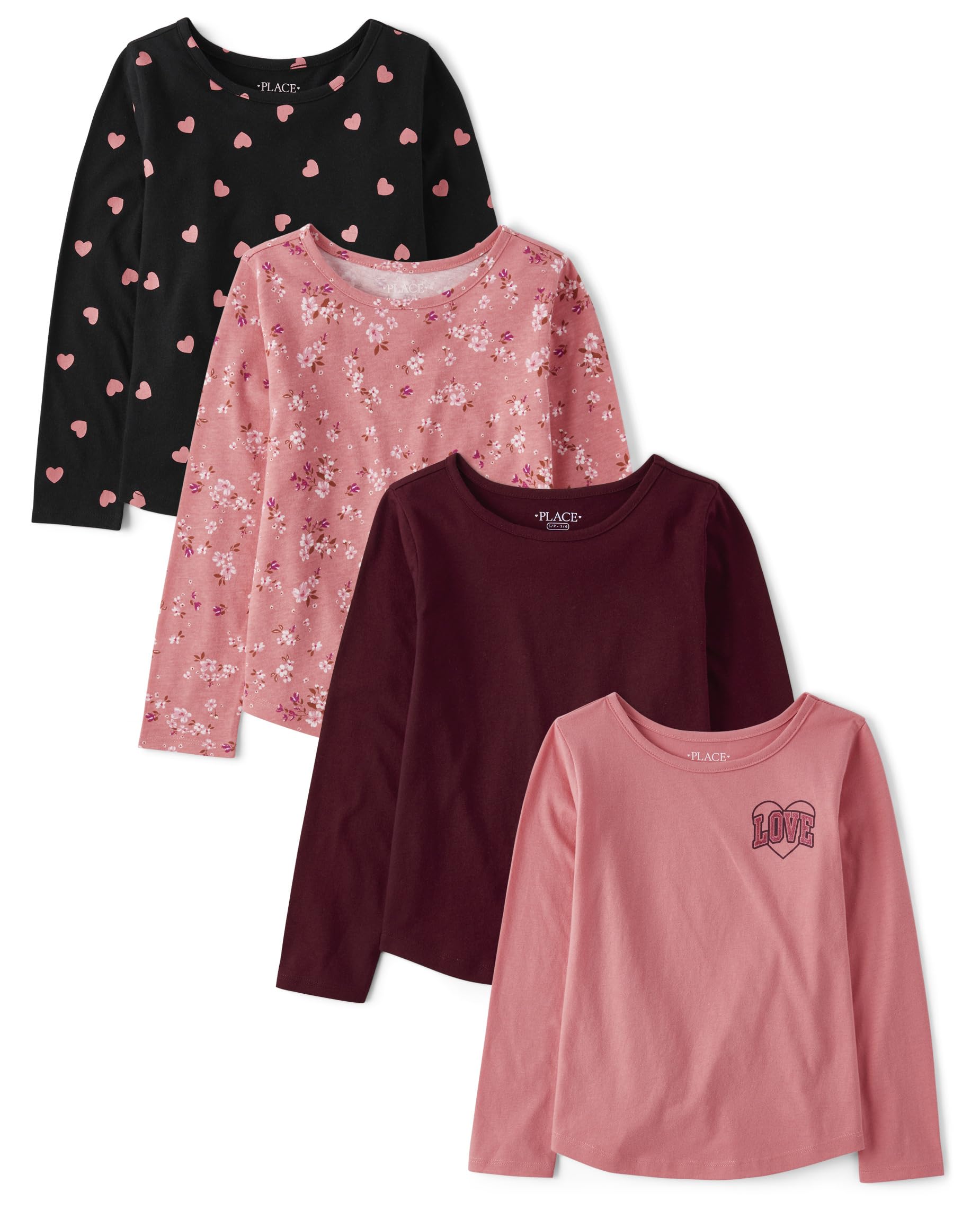 The Children's Place,Long Sleeve Knit Fashion Shirt 4-Pack,Hearts All Over_Black_Lotus Flower | Lotus Flower | Sm Jenn Floral_Lotus Flower | Sugar Beet,Medium (7/8)