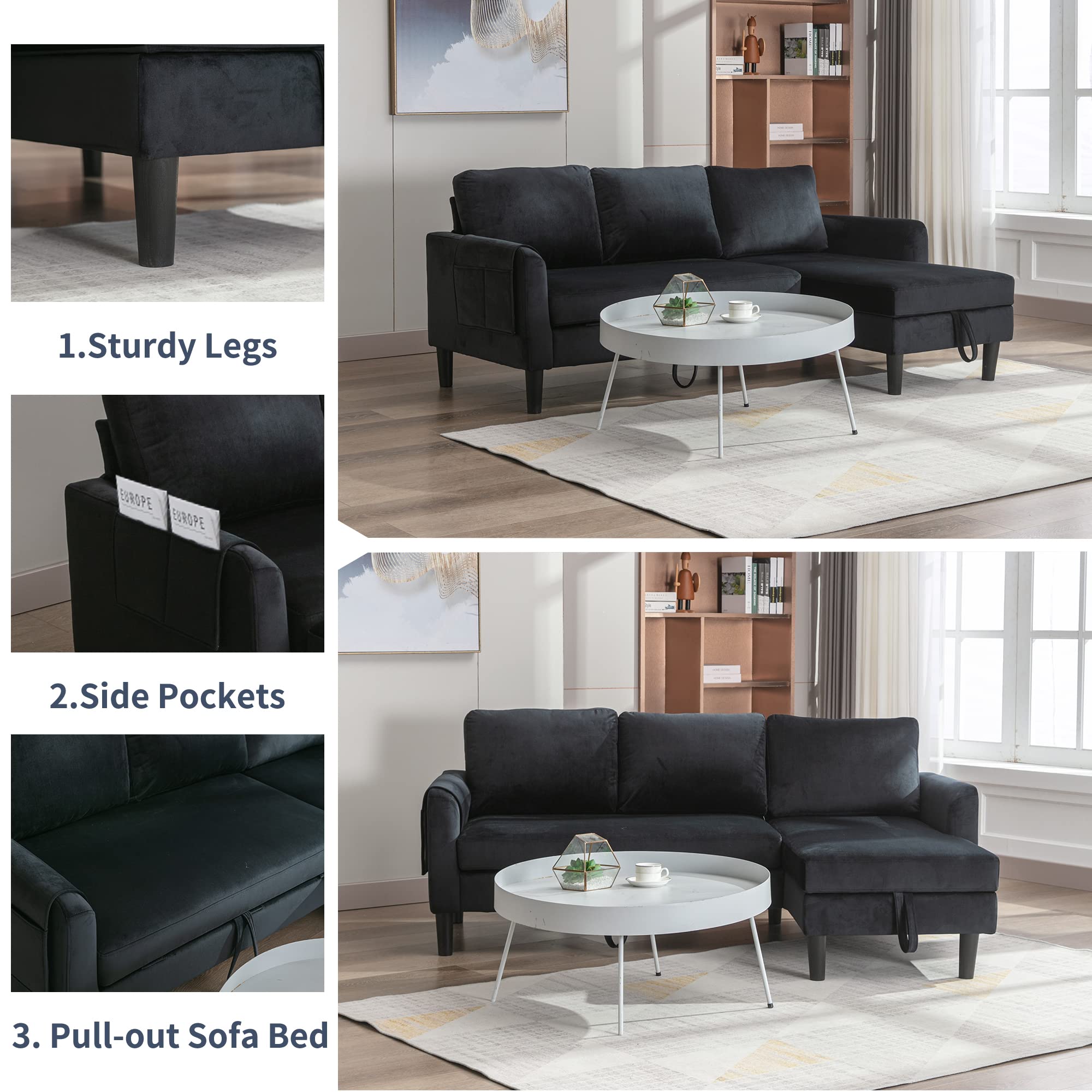 PEIHONGET Sleeper Sectional Sofa, 72.44" Velvet L-Shape 3 Seat with Pull Out Bed, Sectional Sofa Couch with Storage Chaise Living Room Bedroom Apartment(Black)