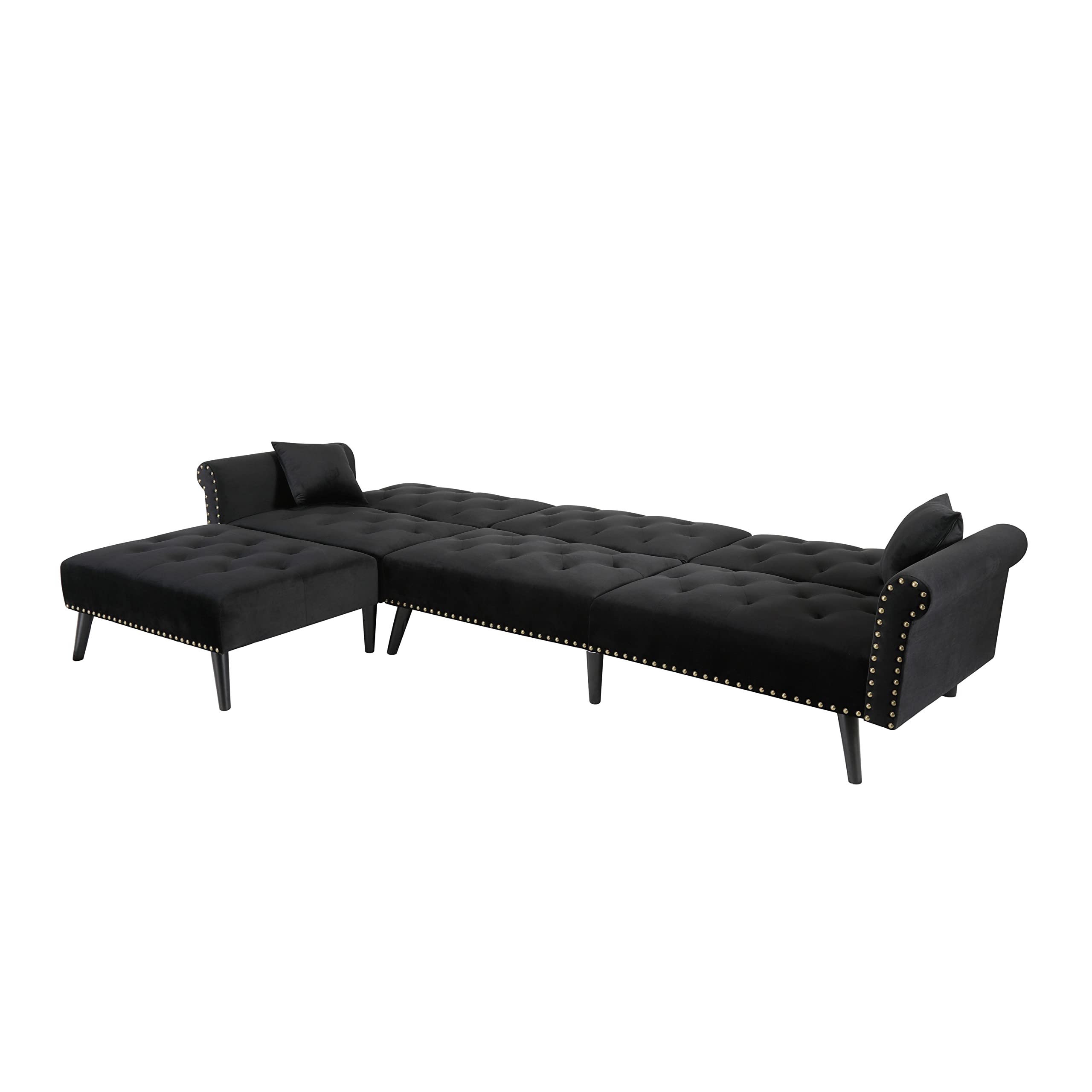 FULife Velvet Convertible Sleeper Sofa Bed, Reversible Sectional L-Shaped Couch with 2 Pillows and Right Chaise Lounge for Living Room Apartment Office Studio Furniture Sets, Black