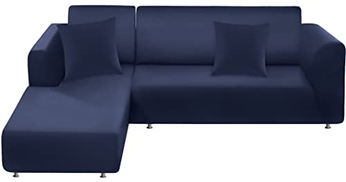 BT.WA Couch Cover L Shape Sectional Sofa Cover 2-Piece Soft Stretch Sofa Slipcover Furniture Protector Couch Slipcover with 2Pcs Pillowcases (Sofa 3 Seater + 3 Seater, Navy)