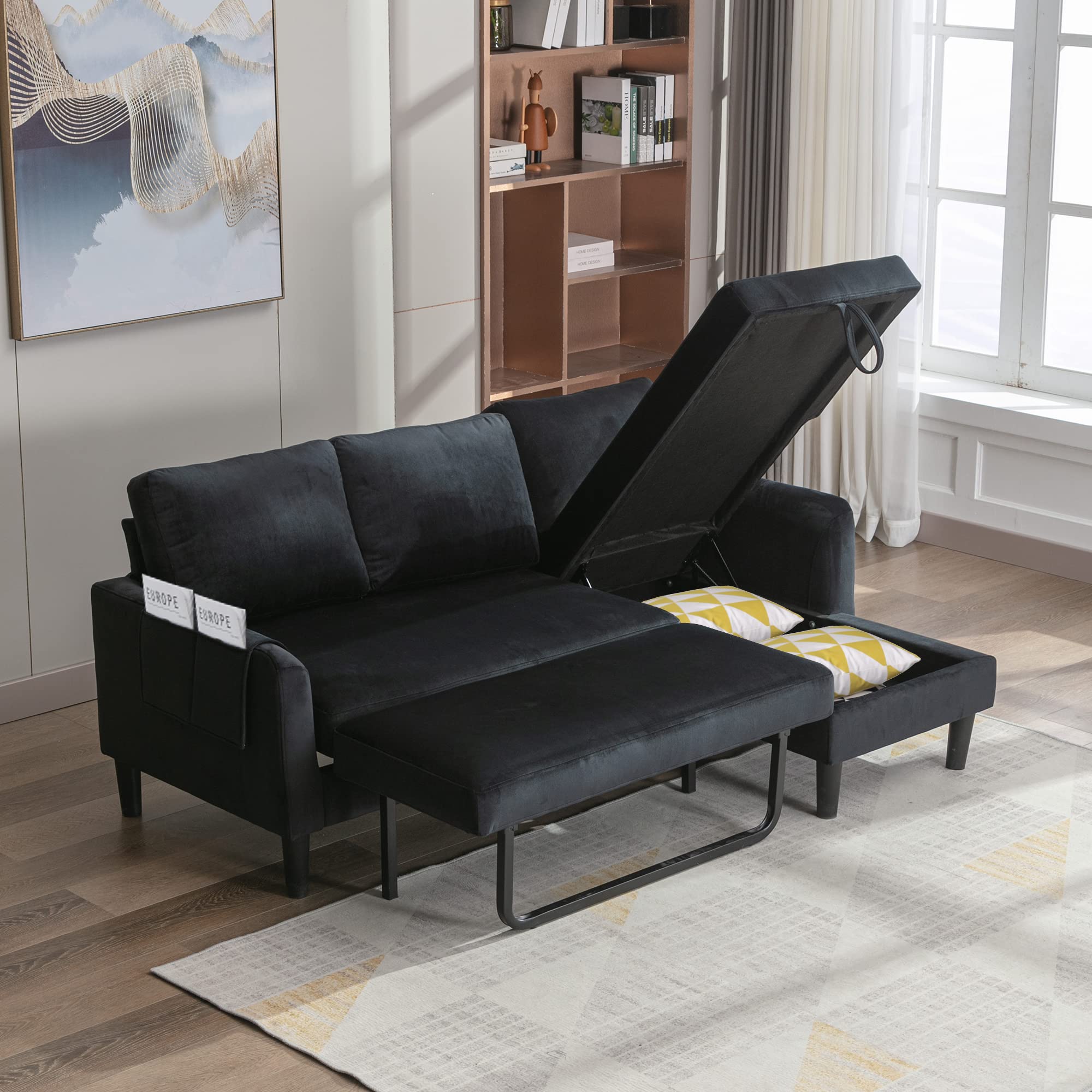 PEIHONGET Sleeper Sectional Sofa, 72.44" Velvet L-Shape 3 Seat with Pull Out Bed, Sectional Sofa Couch with Storage Chaise Living Room Bedroom Apartment(Black)