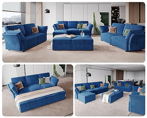 VanAcc Modular Sectional Sofa, Sectional Couch, 9 Seats Sofa- U Shaped sectional with Ottomans, Reversible Sofa Couch for Living Room, Blue Linen