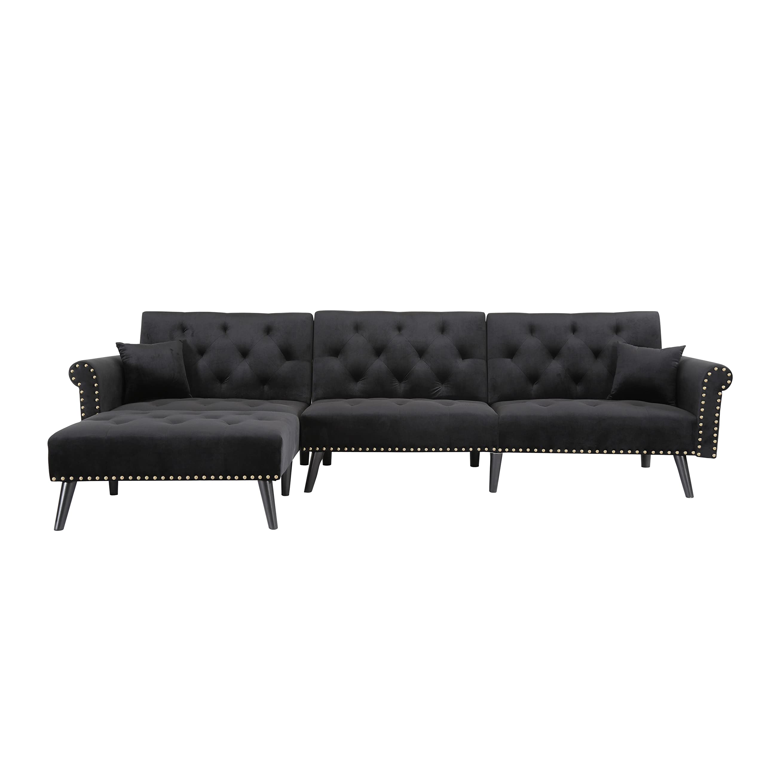FULife Velvet Convertible Sleeper Sofa Bed, Reversible Sectional L-Shaped Couch with 2 Pillows and Right Chaise Lounge for Living Room Apartment Office Studio Furniture Sets, Black