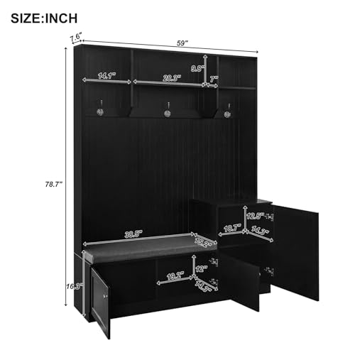BNSPLY 59" Hall Tree with Bench and Shoe Storage, Modern Entryway Bench with Coat Rack and Cushion, Mudroom Bench with 2 Large Storage Cabinet,3 Metal Hooks and Top Shelves for Hallway (White)