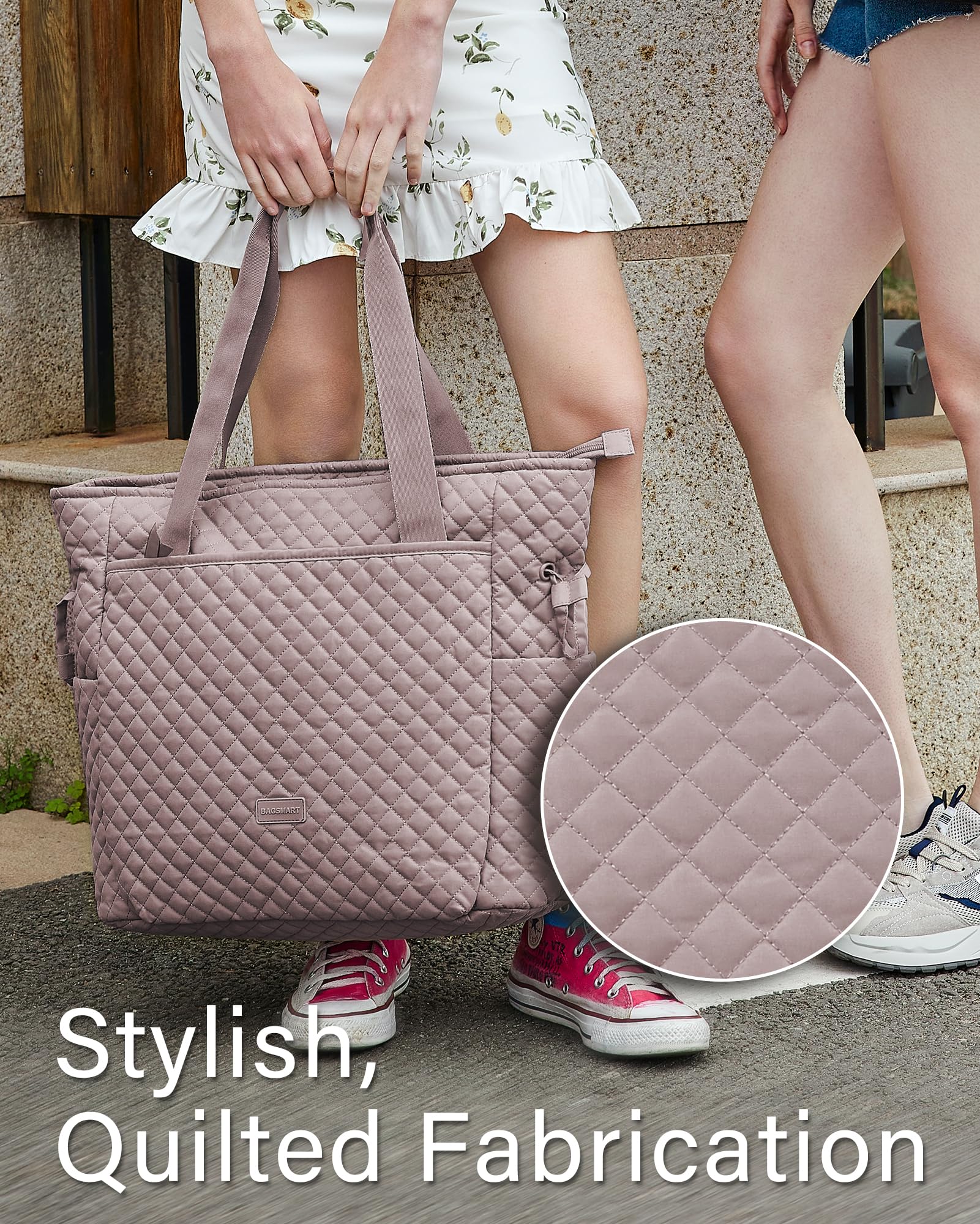 BAGSMART 25L Quilted Tote Bag Large Shoulder Bag with Top Handle for Women, Machine Washable Work Travel Handbag