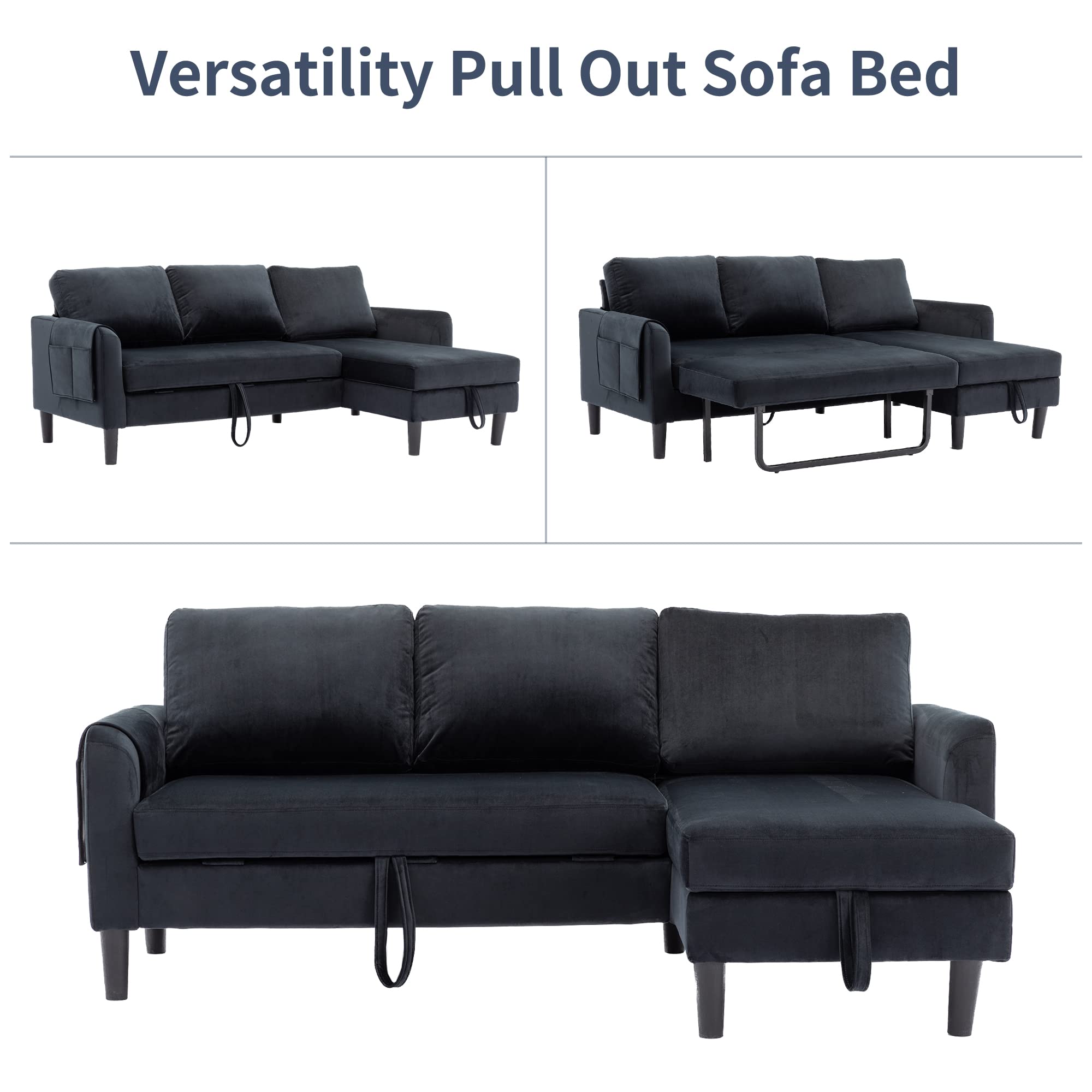 PEIHONGET Sleeper Sectional Sofa, 72.44" Velvet L-Shape 3 Seat with Pull Out Bed, Sectional Sofa Couch with Storage Chaise Living Room Bedroom Apartment(Black)