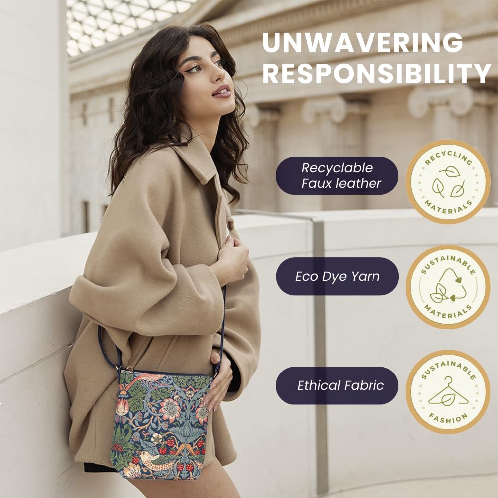 Signare Tapestry Small Crossbody Bag Sling Bag for Women with Flower and Bird William Morris Strawberry Thief Blue Design (SLING -STBL)