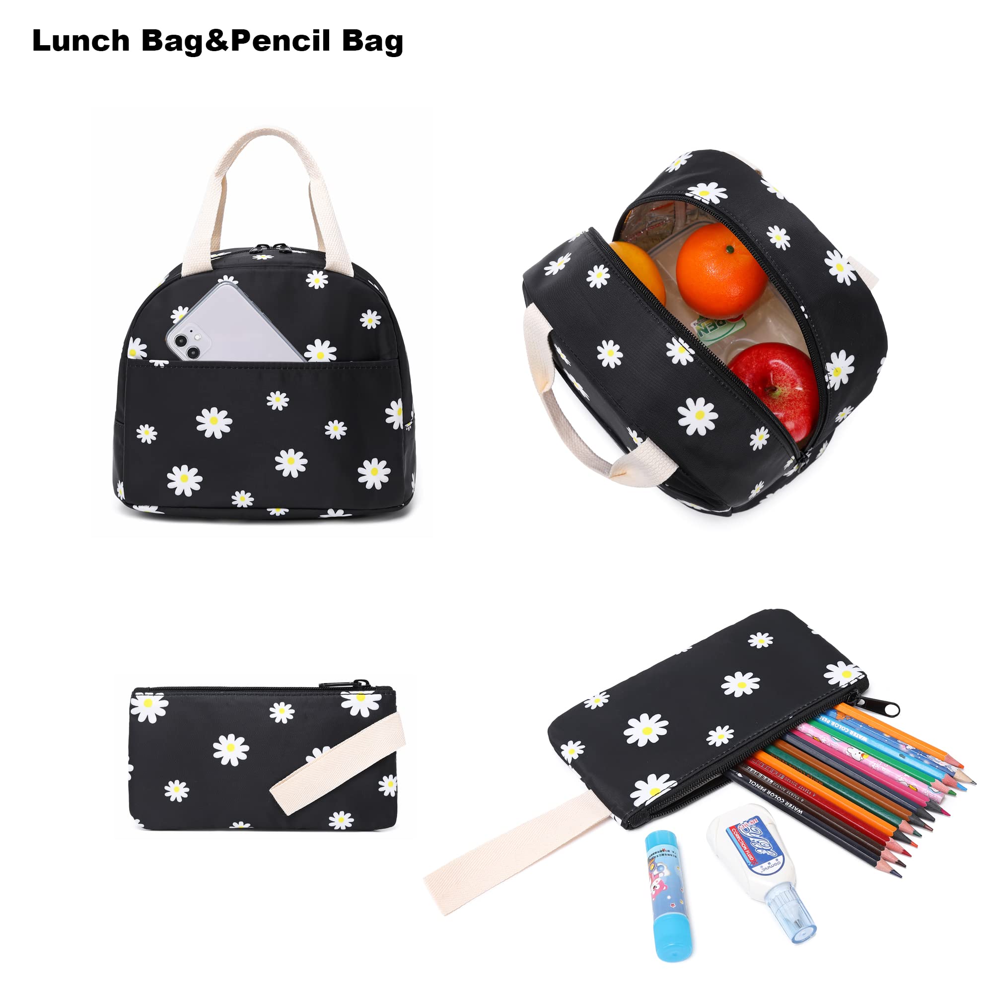 Mimfutu School Backpack for Teen Girls, 3-in-1 Kids Backpack Bookbag Set School Bags with Lunch Box Pencil Case (Flowers Black)