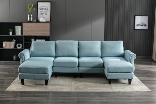 i-POOK 108" U-Shaped Sectional Couch, 6-Seat Linen Modular Couch with Chaise Lounge and Removable Cover, Modern Corner Couch with Ottoman for Living Room, Light Blue