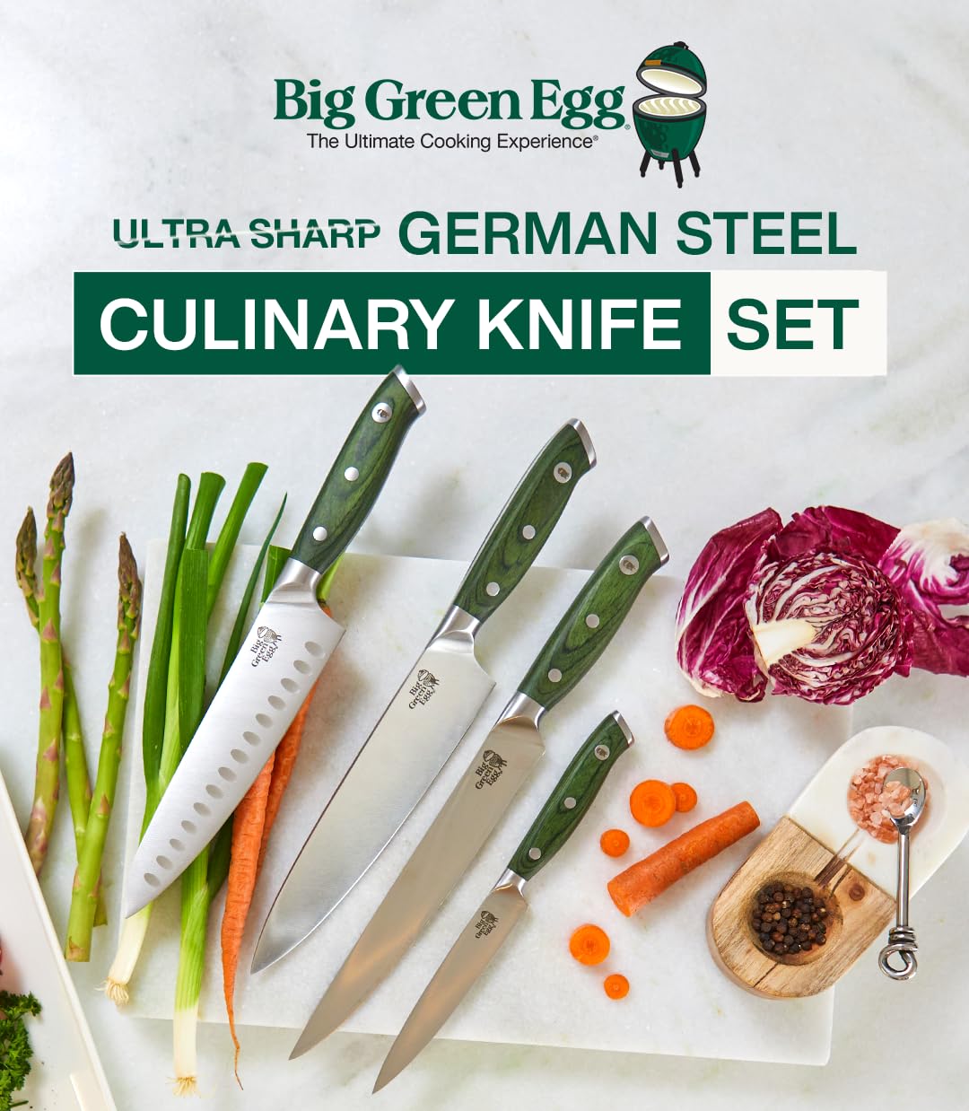 Big Green Egg Culinary Chef Knife Set (4 piece) with Case - German Steel Knives, 8” Chef Knife, Santoku Knife, Slicing Knife, and Paring Knife. Best Chef Knife Set