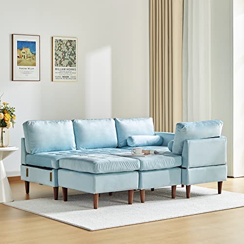 wirrytor Modular Sectional Sofa, Velvet U Shaped Couch, Modular Sectional with Reversible Ottomans for Living Room, Blue