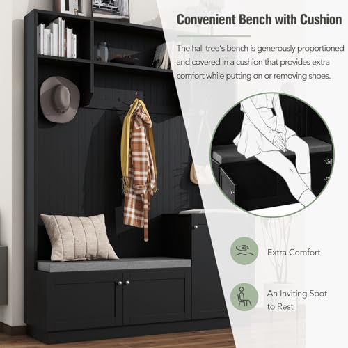 BNSPLY 59" Hall Tree with Bench and Shoe Storage, Modern Entryway Bench with Coat Rack and Cushion, Mudroom Bench with 2 Large Storage Cabinet,3 Metal Hooks and Top Shelves for Hallway (White)
