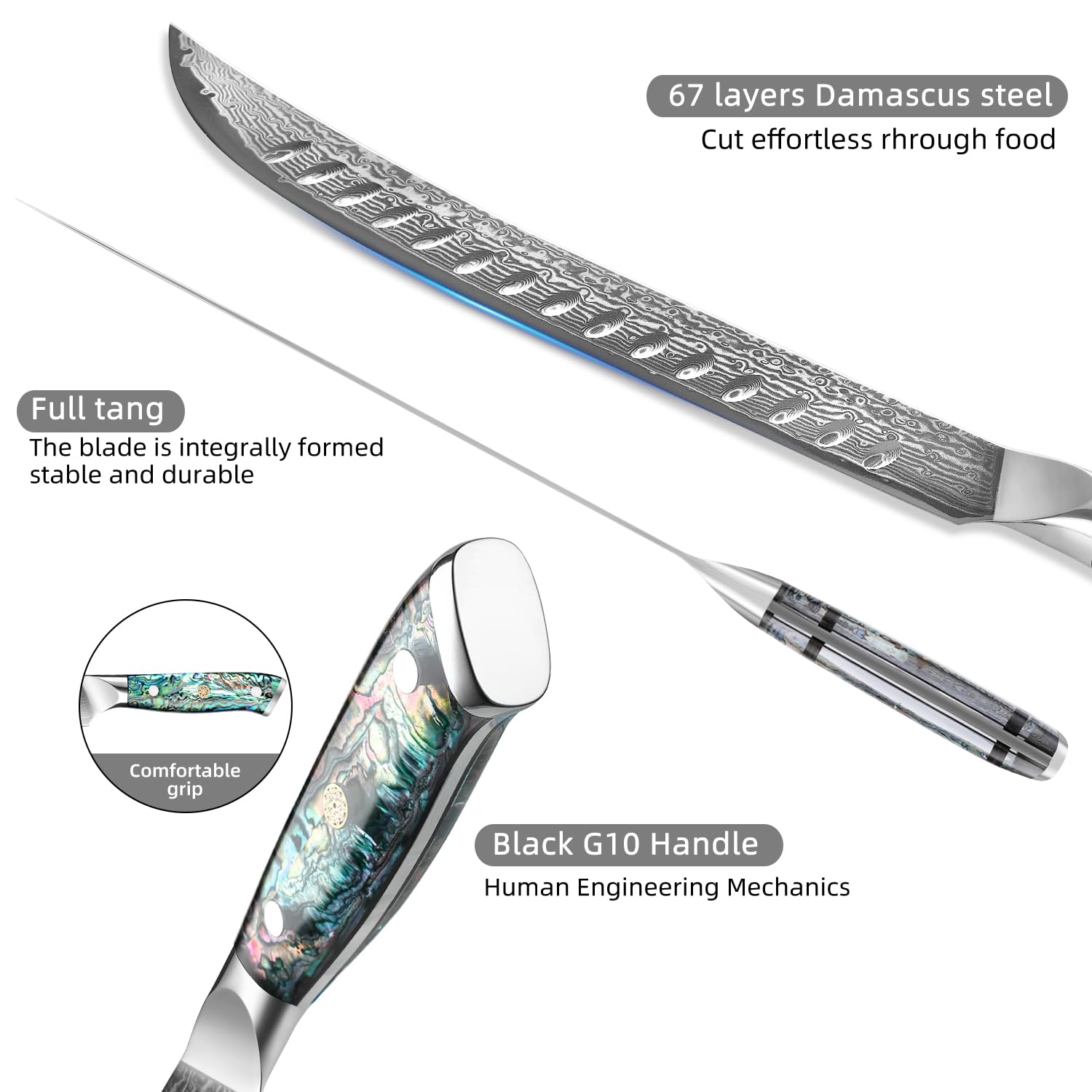 XT XITUO Butcher Knife – 10″ Cimitar & Breaking Knife Knife – Japanese VG-10 Damascus Steel – Full Tang & Razor Sharp – Ergonomic Abalone Shell Handle Design -Dazzling Series