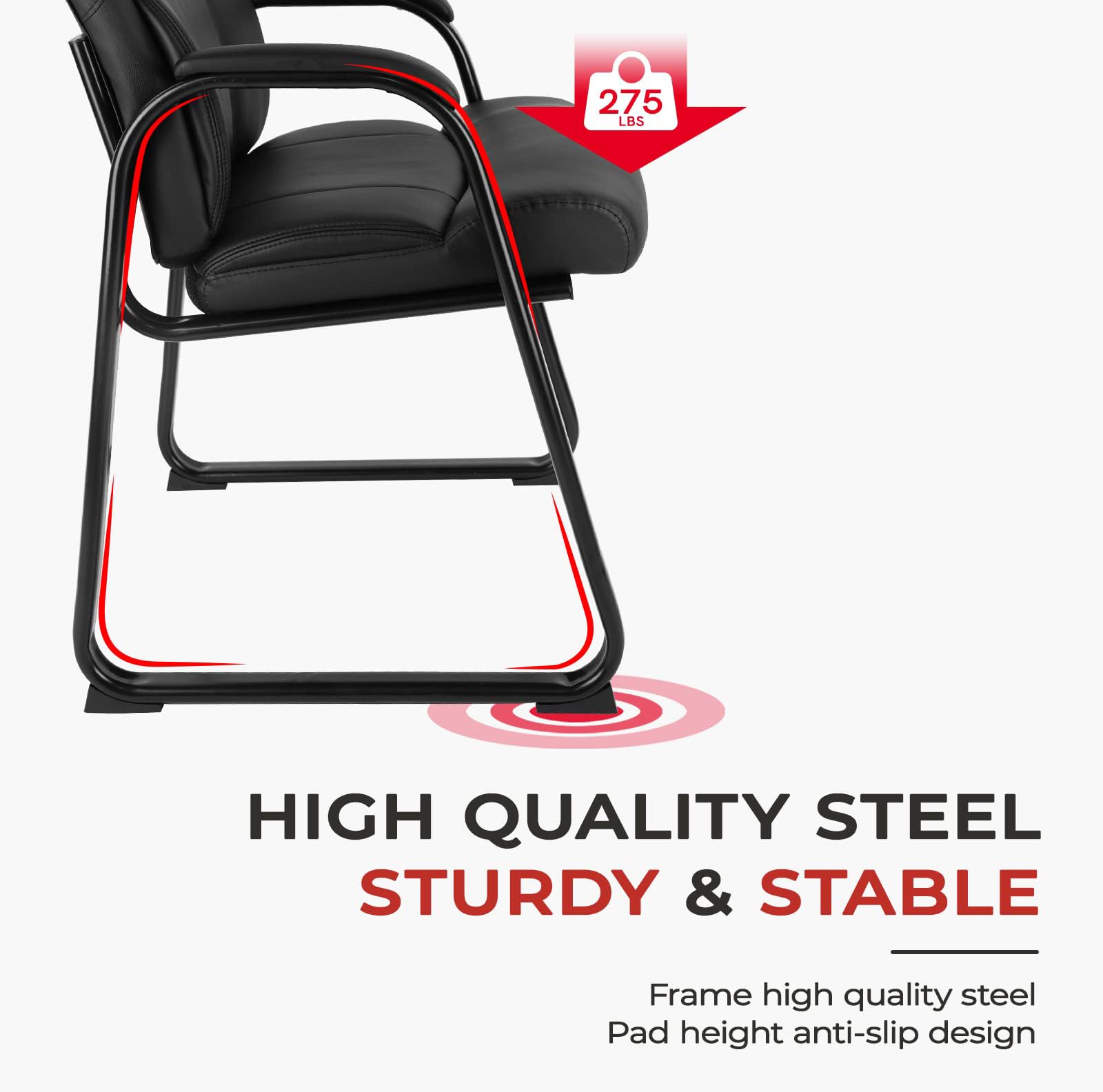 CLATINA Office Guest Chair Leather Reception Chair with Bonded Padded Arm Rest and Sled Base Desk Chair No Wheels for Reception Conference Waiting Room Side Office Home Black