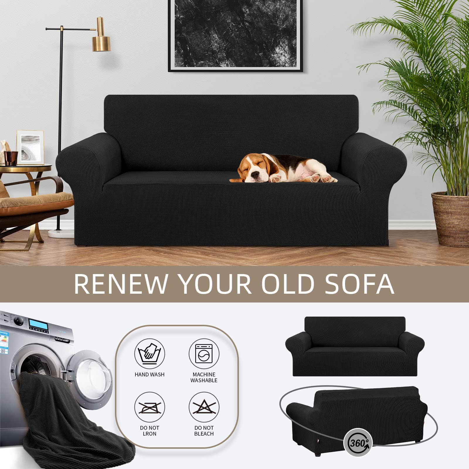 KEKUOU Stretch Loveseat Sofa Cover Slipcover,Couch Covers for 2 Cushion Couch Sofa (55"-79") Furniture Protector Sofa with Elastic Bottom for Kids,Dog. Jacquard Small Checked (Medium,Black)