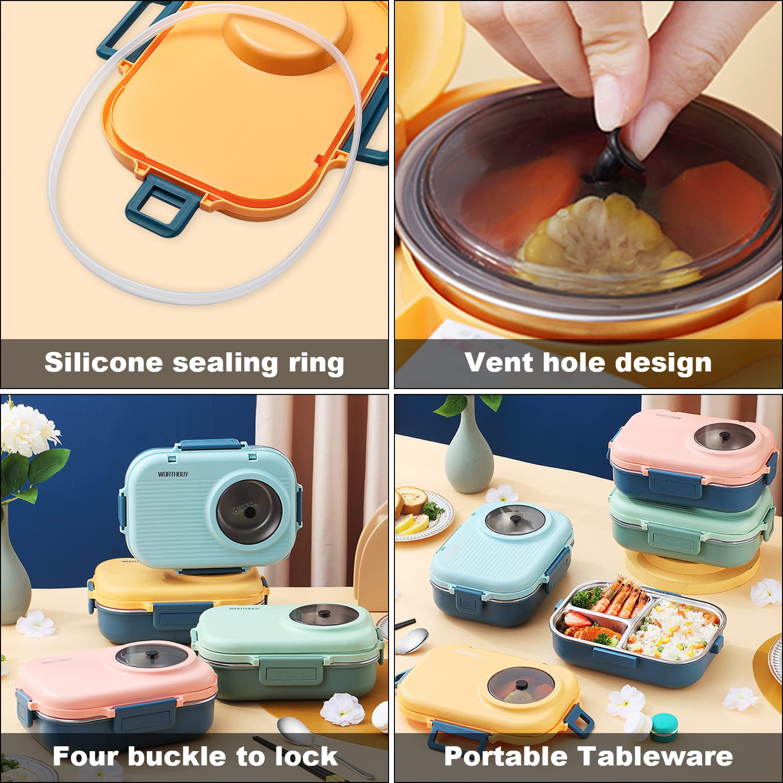 LANSKYWARE Stainless Steel Bento Box with Insulated Lunch Bag, 900 ml Lunch Box & 200 ml Soup Bowl, Blue & Yellow
